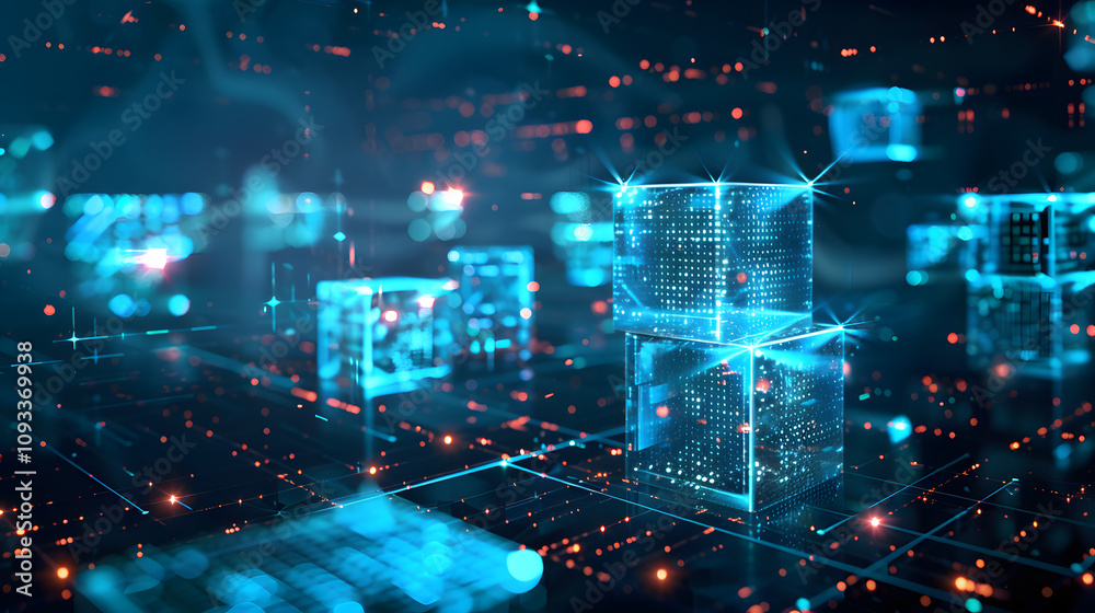 Glowing blockchain technology background with radiant blocks and interconnected energy lines ...