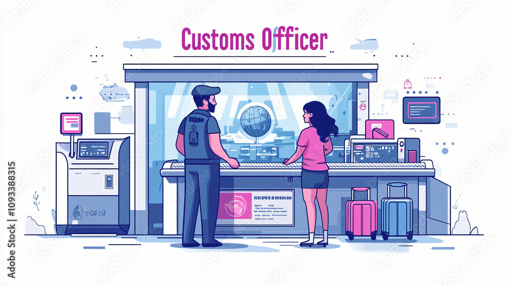 The image is an illustration depicting a customs officer's booth at an ...