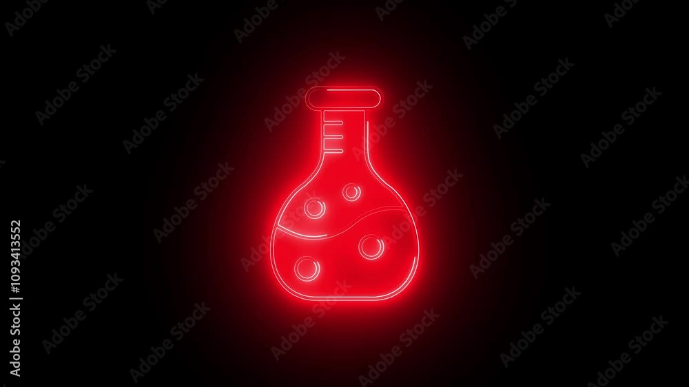 Neon glowing beaker or test tube animation on the black background ...