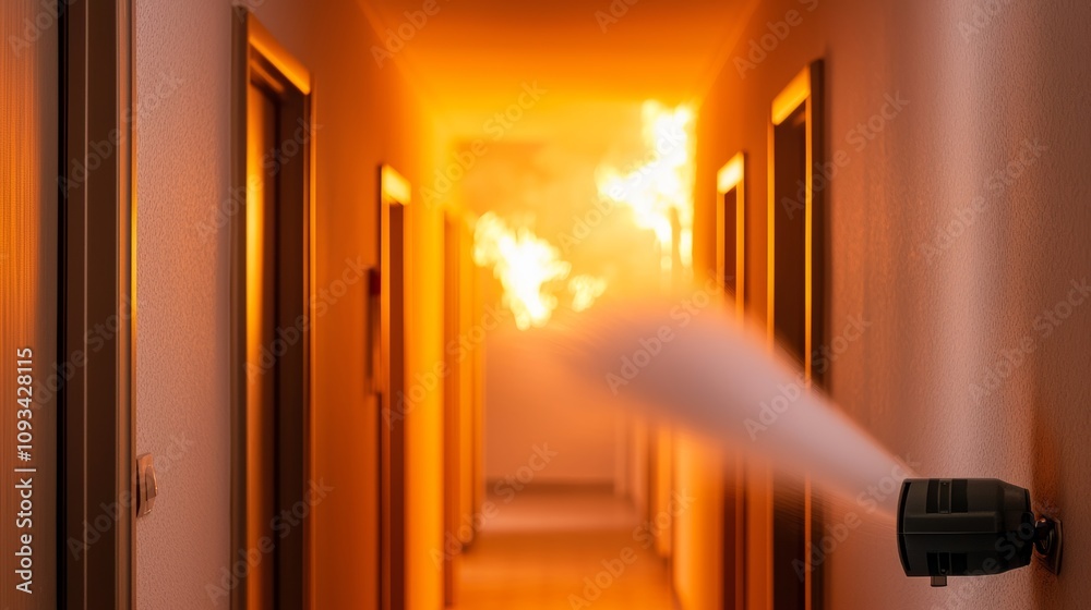 evacuation response fire alarm. A hallway with flames erupting from one ...