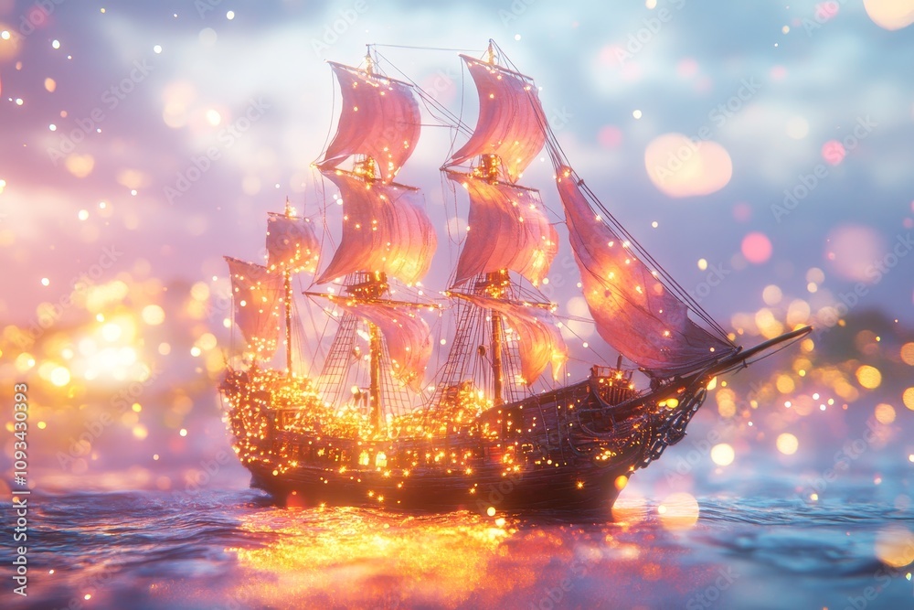 Enchanted Pirate Ship Sailing at Dusk - A magical 3D of a pirate ship ...
