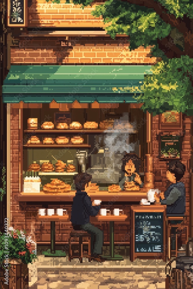 Pixel art cafe scene. Customers enjoy pastries, steaming drinks. Cozy ...
