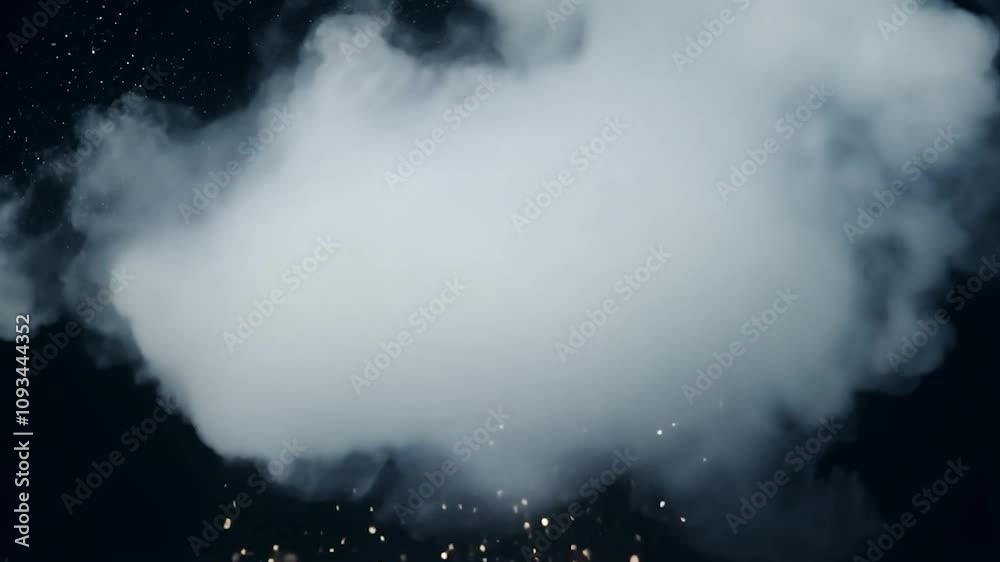 White smoke is slowly expanding on a black background with small sparks ...