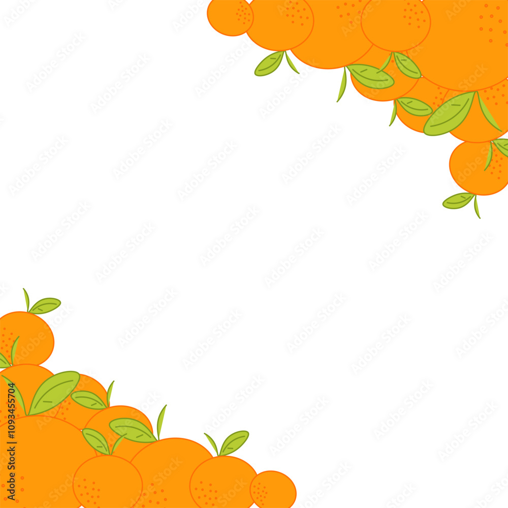 Oranges mandarins with leaves forming a decorative border on a ...