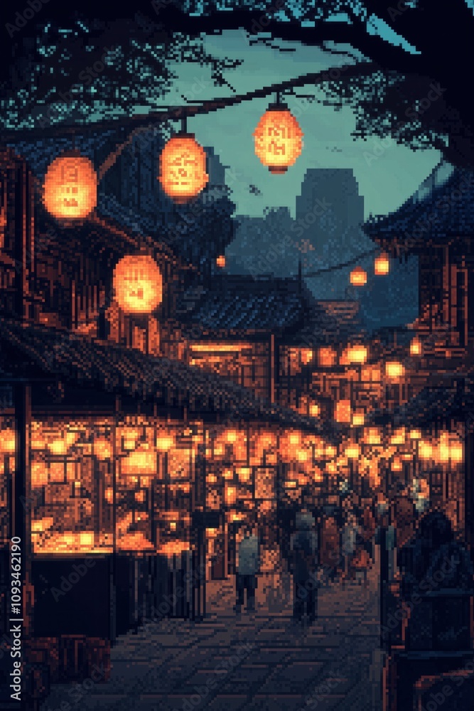 Pixel art evening city festival. Glowing lanterns light up stalls and ...