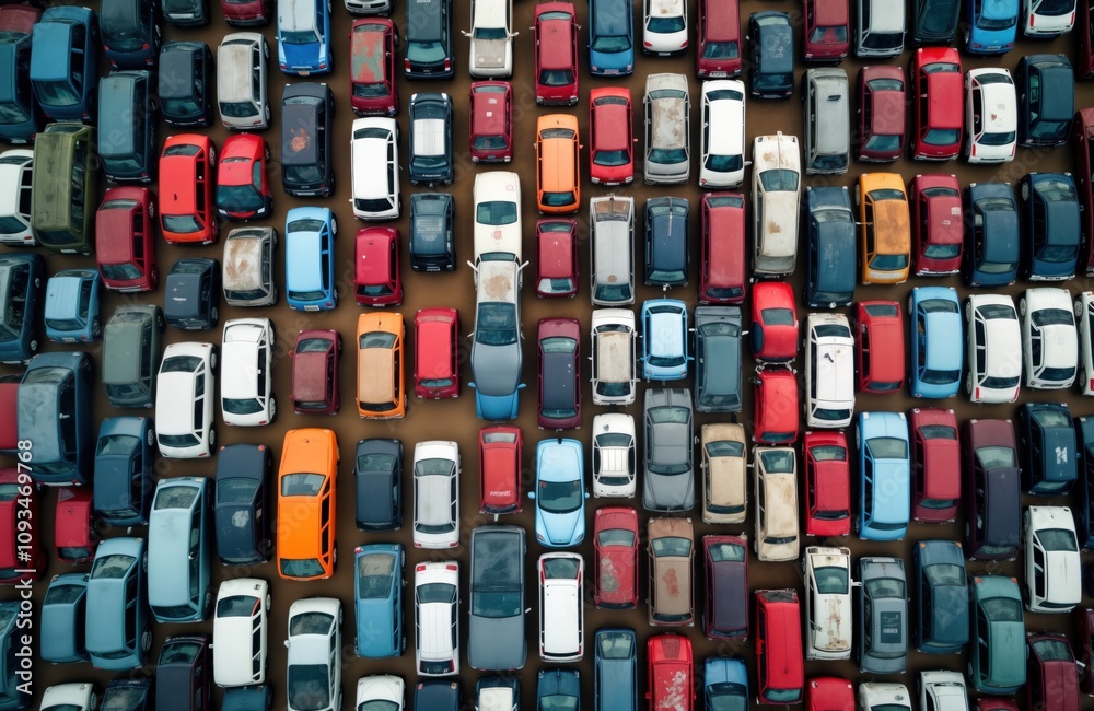 Many cars parked closely together. Colorful cars in different colors ...