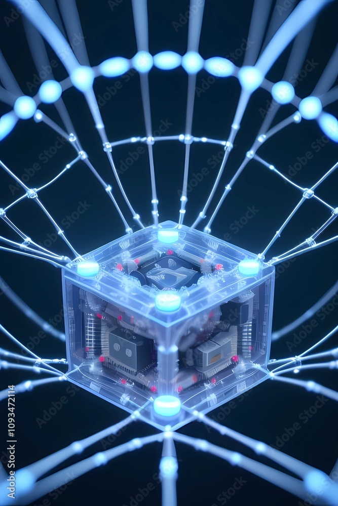 futuristic quantum computer with glowing superconductors and light paths symbolizing qubits, set ...