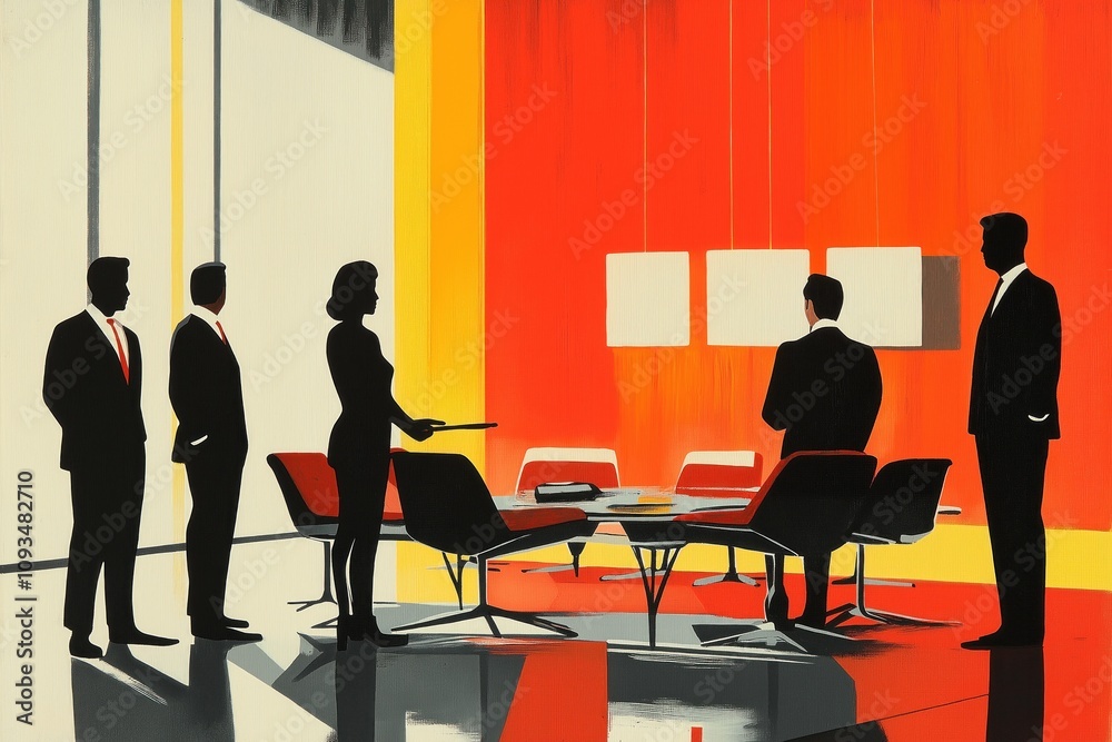 Stylish 1960s business meeting. Executives wear mod suits in geometric ...