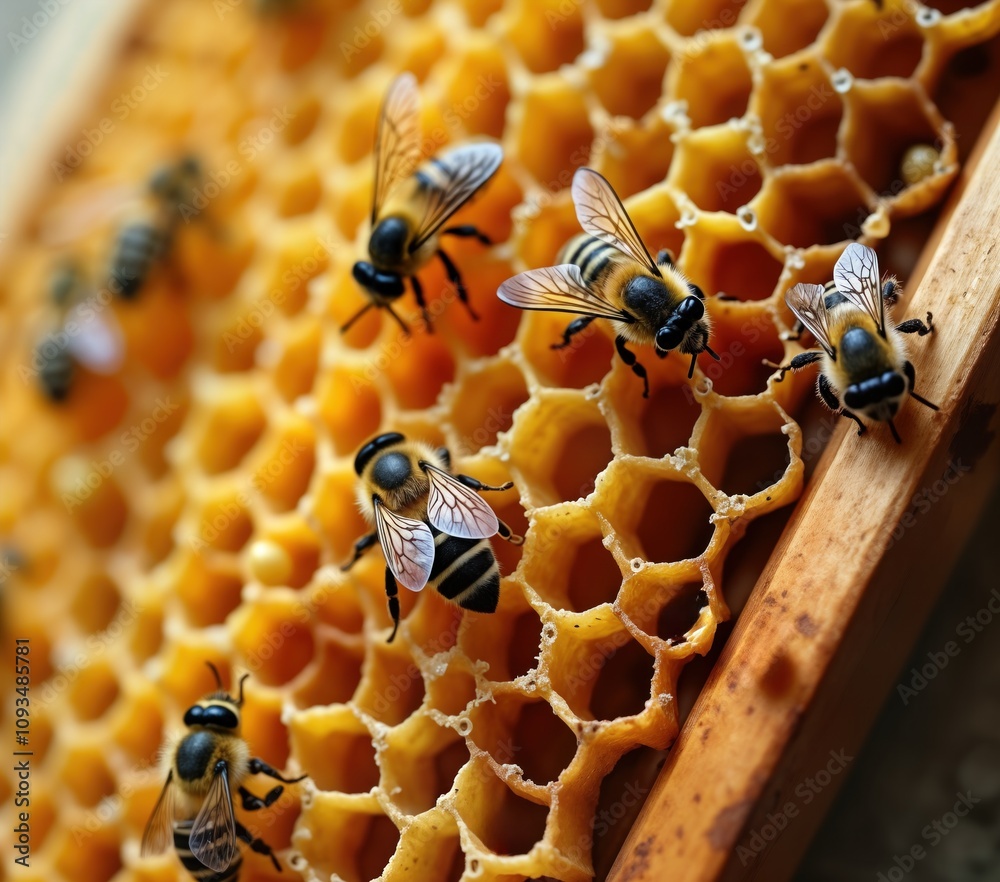 Honeybees work on honeycomb. Busy bees fill honeycombs. Close-up view ...