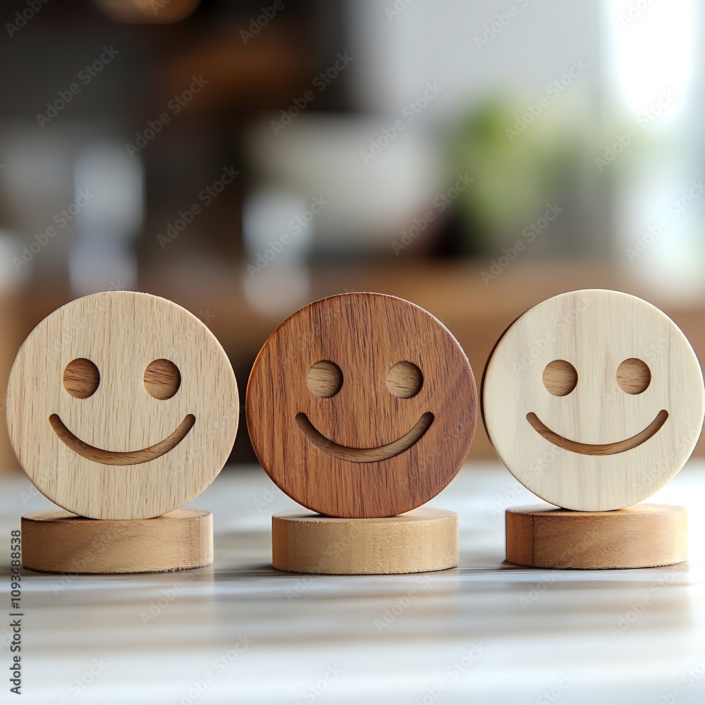 Wooden label featuring happy, normal, and sad face icons, symbolizing ...