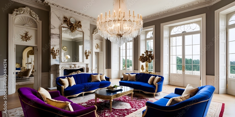 Classic Rococo Style Drawing Room with Blue and Gold Color Scheme and ...