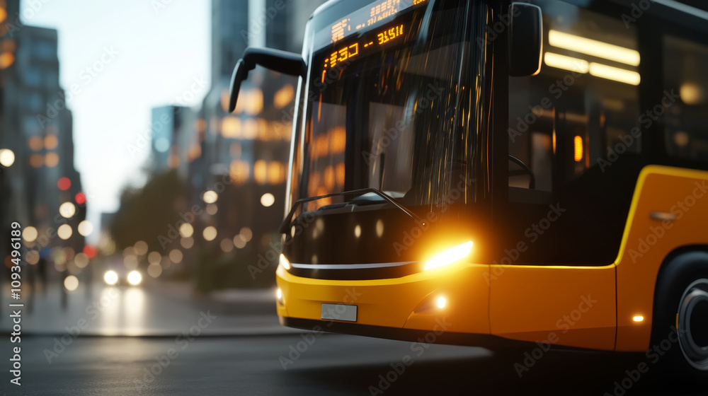 Brightly lit city bus on urban street during dawn showcasing modern ...