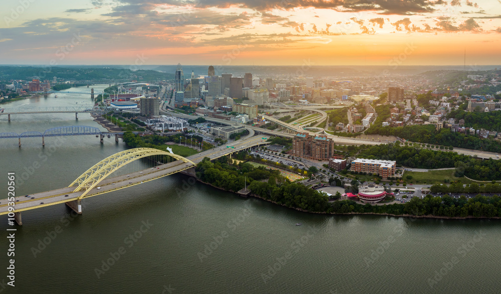 Highway traffic with driving cars on bridge in downtown district of ...