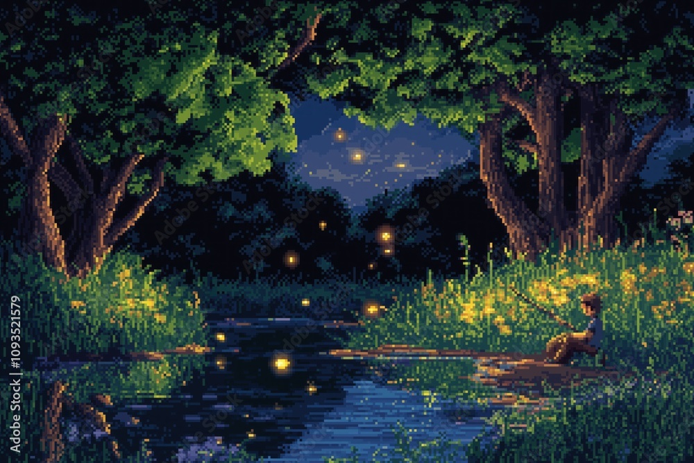 Pixel art illustration shows a tranquil forest glade at night. A person fishes by a stream ...