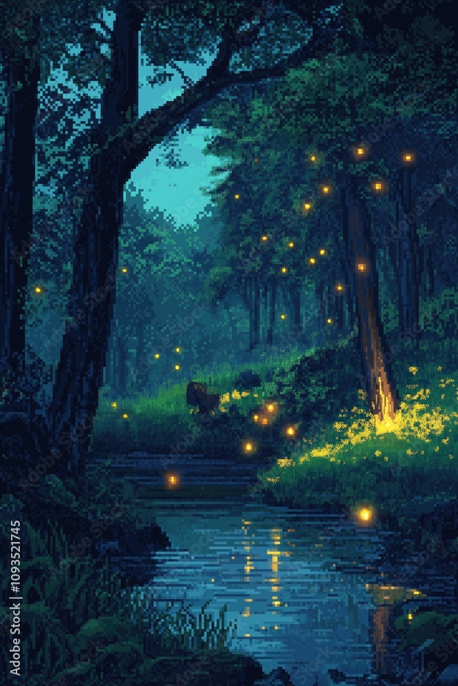 Pixel art glade with glowing fireflies. Stream reflects glowing light ...