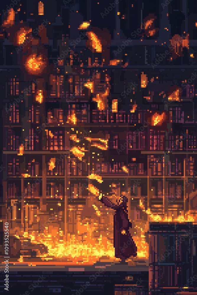 Pixel art library ablaze. Glowing runes, flying books in fiery scene ...