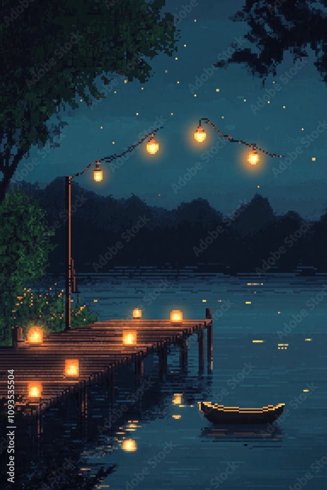 Peaceful pixel art fishing dock at night. Glowing lanterns light up ...