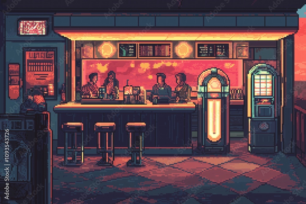 Retro diner scene in pixel art style. Customers enjoy meals at counter ...