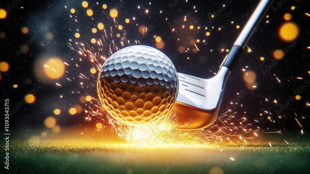 Golf club hitting golf ball generating sparks. Dynamic action shot ...