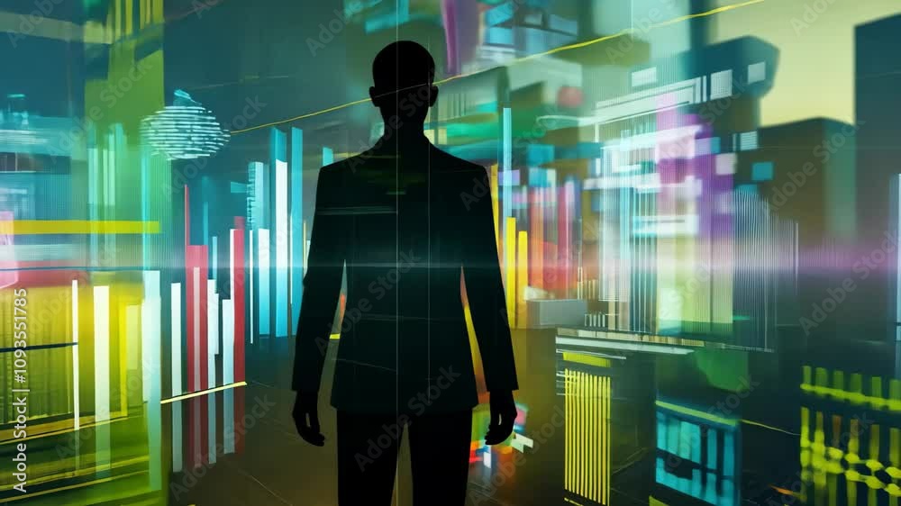 Persons silhouette against screens filled with data representing world ...