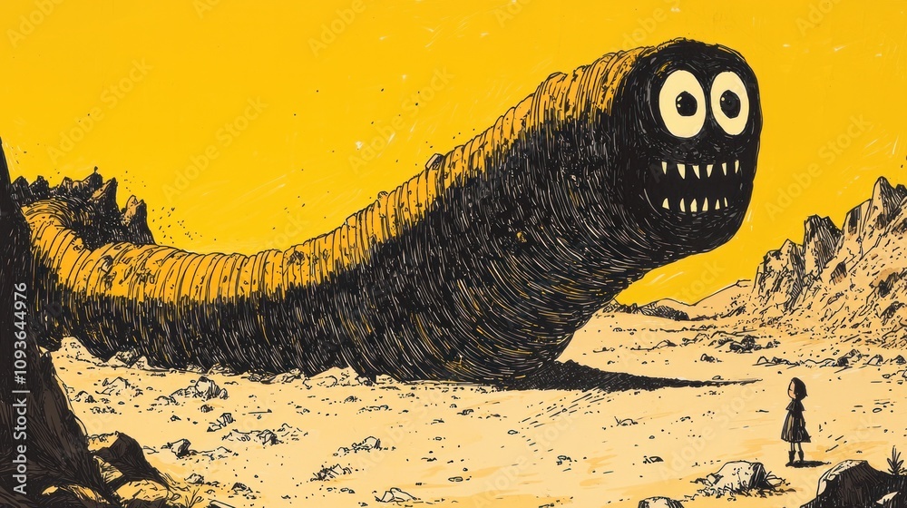 A girl stands in front of a giant worm like creature with googly eyes ...