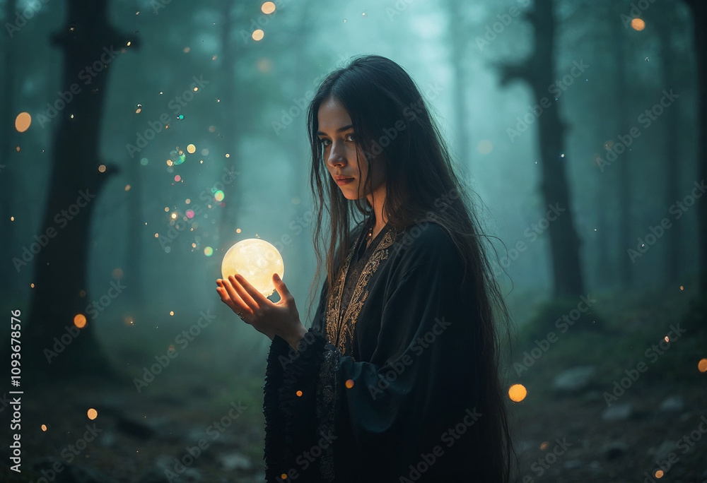 Gothic Sorceress Mysterious Woman Magician or Witch Holding a Glowing ...