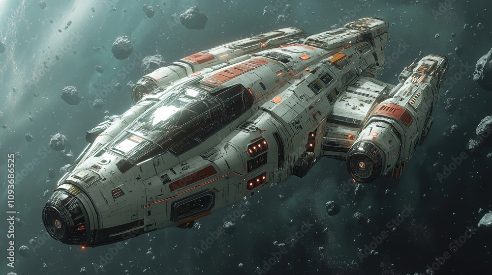 Unmanned spaceship glides through the asteroid belt in deep space at an ...