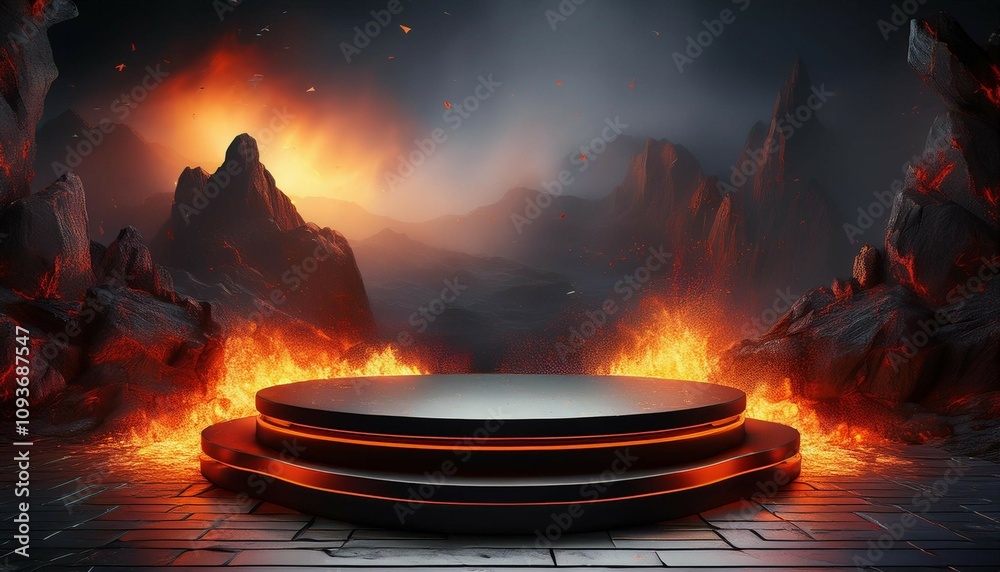 fire lava podium rock volcano background product magma display 3d scene ...