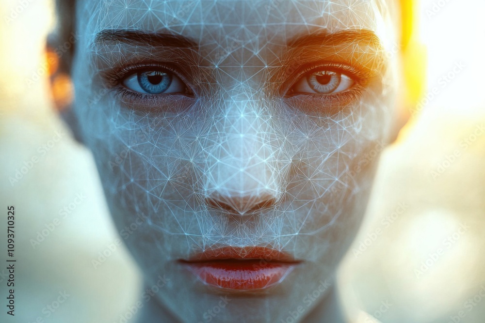Futuristic concept of human face with polygonal wireframe design in ...