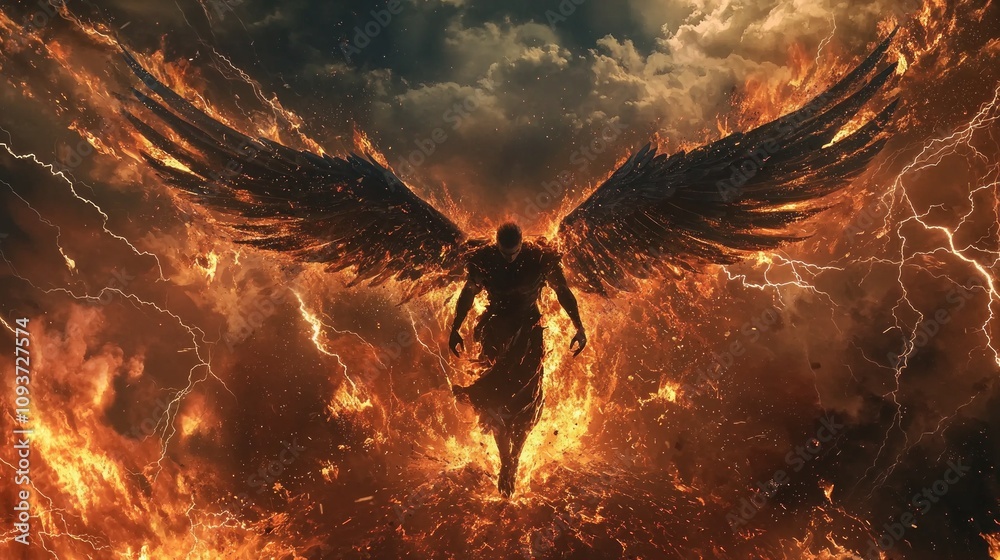 fallen angel Lucifer arrives heavens his fiery wings illuminating ...