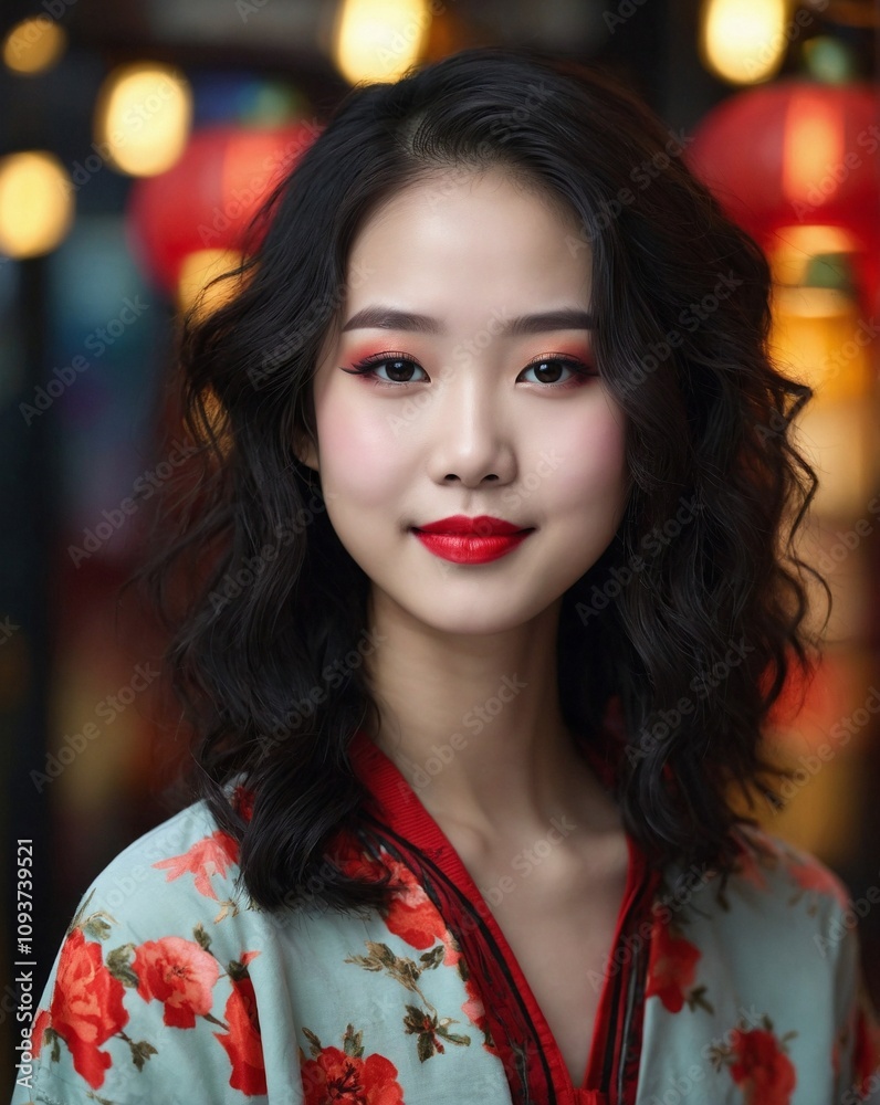 A cheerful, beautiful, teenage Chinese girl, wearing trendy clothes, a ...