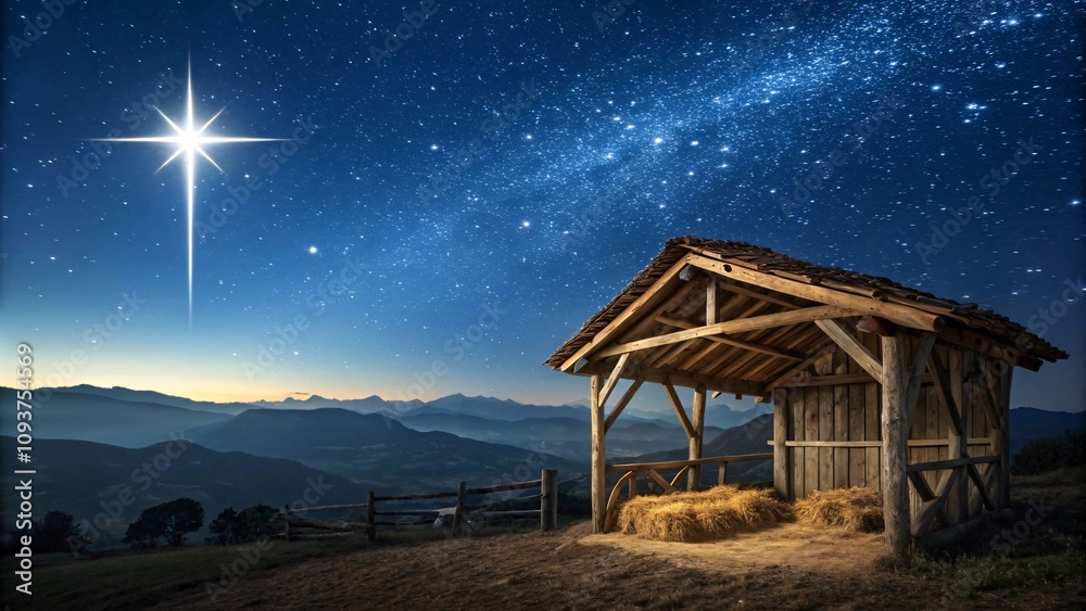 Nativity Scene Under a Starry Night Guiding Star, Serene Countryside ...