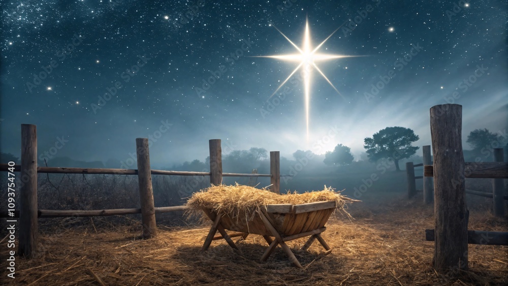 Nativity Scene Under a Starry Night Guiding Star, Serene Countryside ...