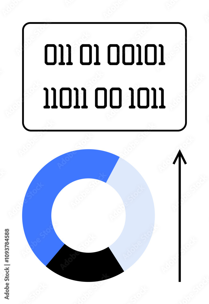 Binary numbers in rectangle above a blue, black, and white circular ...