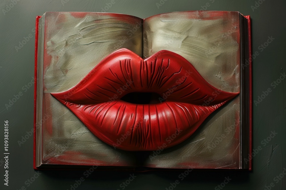 Open book cover with sculpted red lips blowing a kiss, representing ...