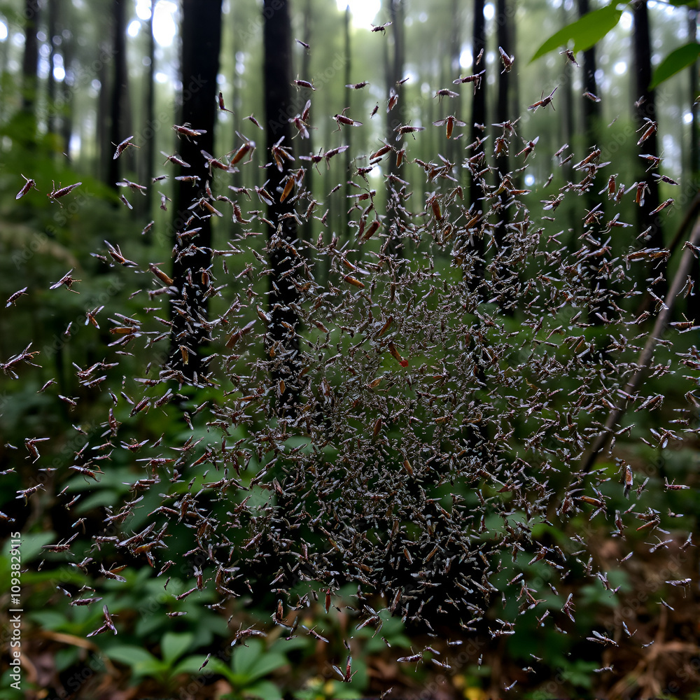 There are a lot of midges in forest. Swarm of insects in nature. Stock ...