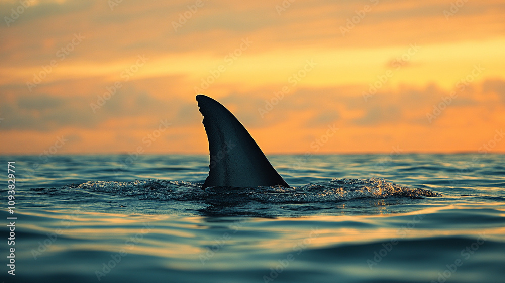 lone shark fin breaks the surface of the calm ocean symbolizing hidden ...