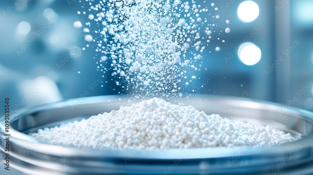 Macro shot, powder granules falling into a washing machine drawer ...