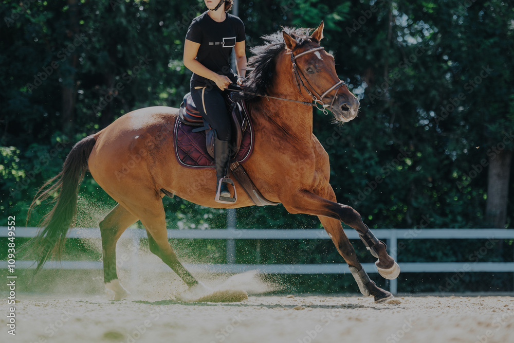 A rider skillfully maneuvers a galloping horse in an outdoor arena ...