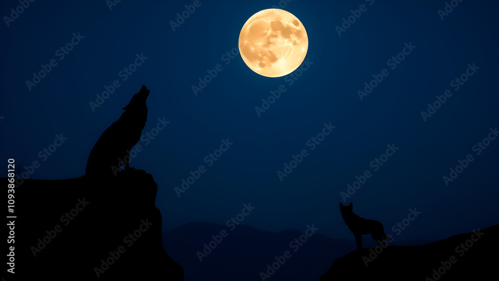 silhouette of a wolf howling on a cliff - full moon - coyote. Stock ...