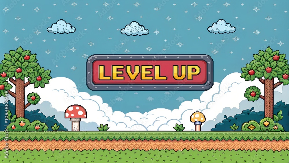 Retro style pixel art game background with level up button Stock ...