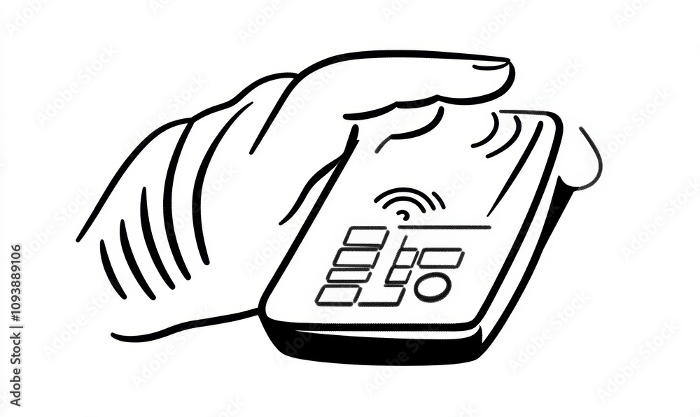 Contactless Payment Line Drawing Hand Card Terminal NFC Technology ...