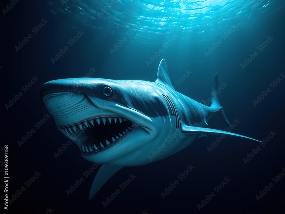Megalodon shark lurking in the darkness of the abyssal zone, abyssal ...