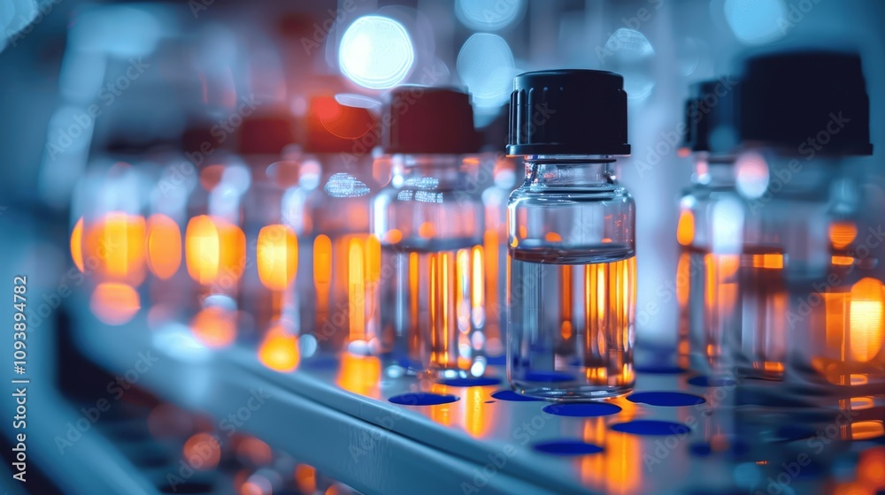Medical vials on lab shelf with blurred background, blue and orange ...