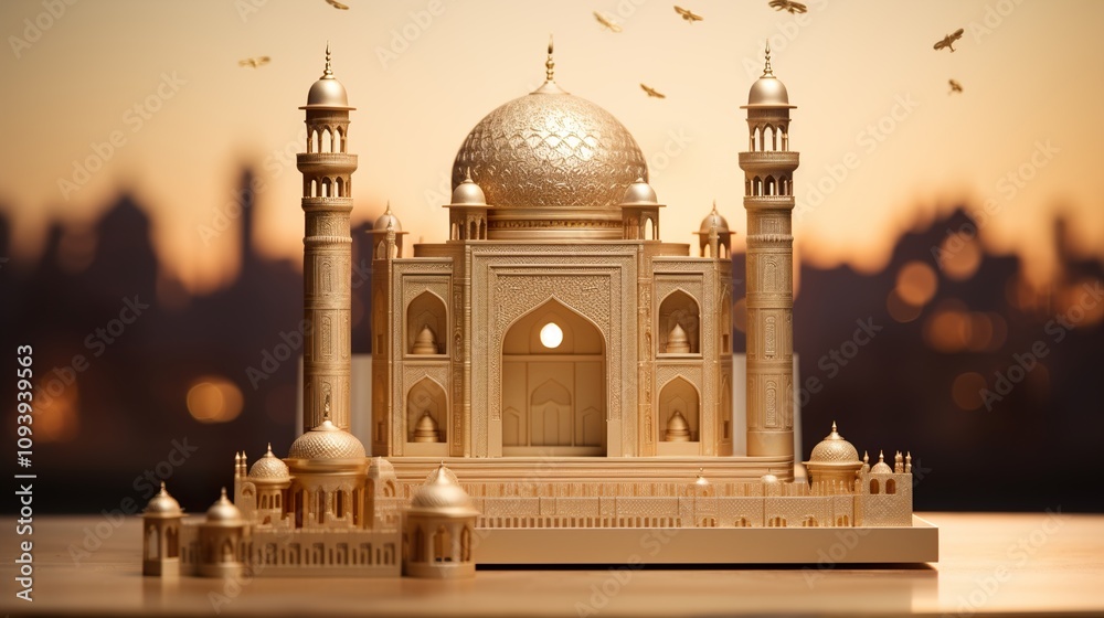 islamic display podium with mosque gate background in the sand dunes ...