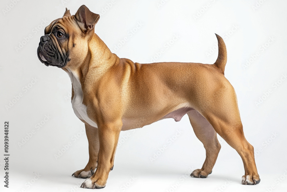 English Bulldog. A muscular, short-haired dog stands proudly ...