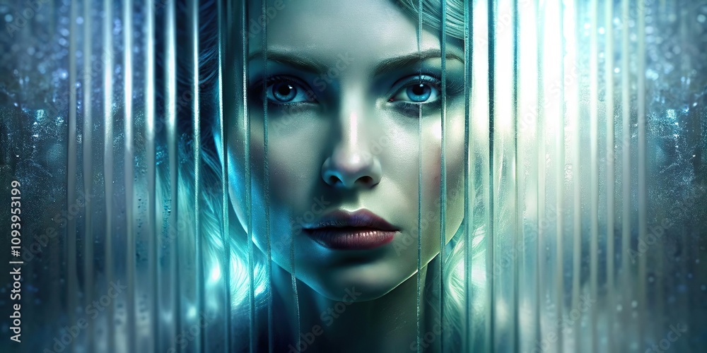 Glitched and corrupted female face. Model hidden behind mirror pattern ...