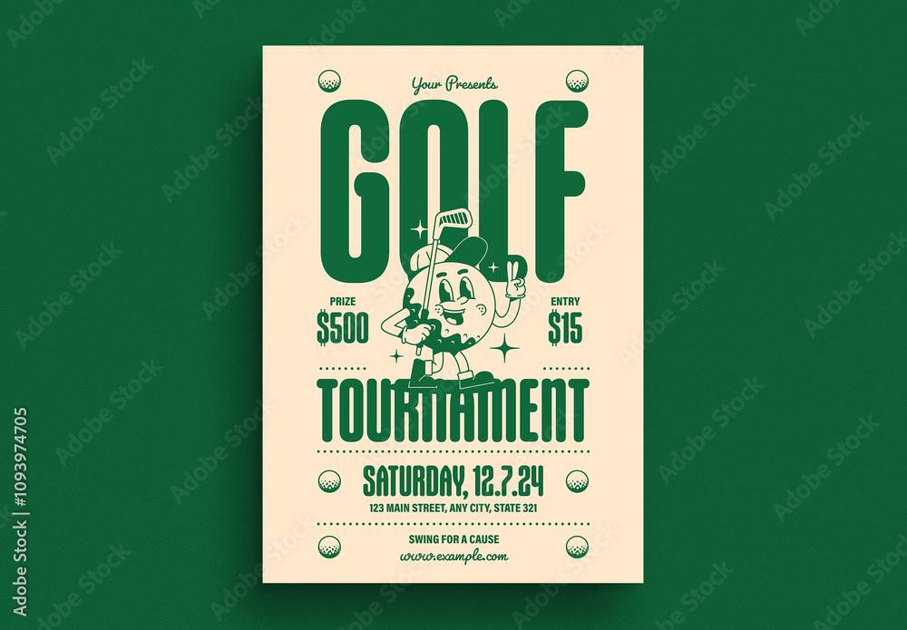 Green Retro Trendy Golf Tournament Event Flyer Stock Template | Adobe Stock