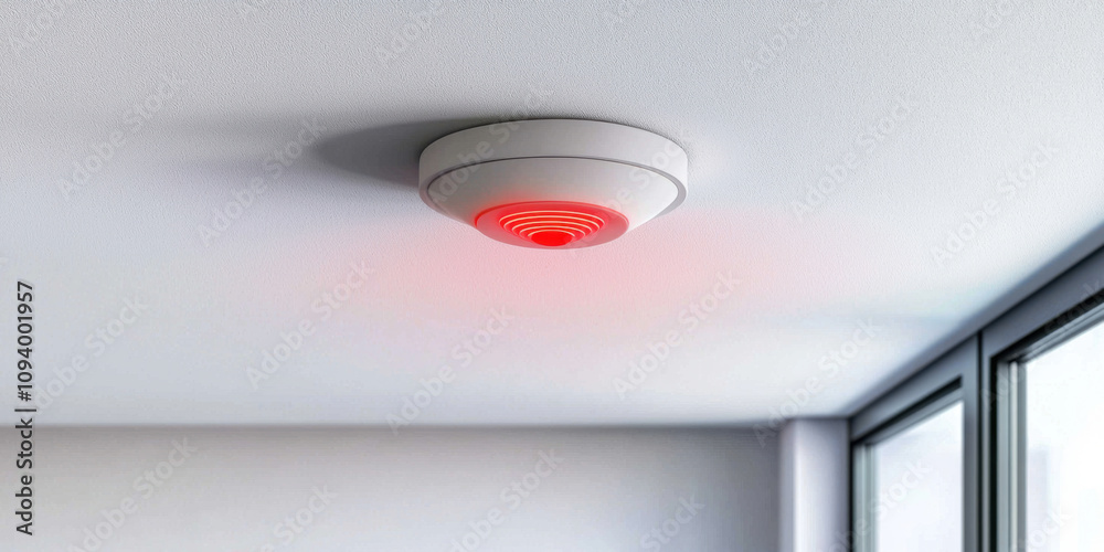 Fire alarm detection and response concept. Smoke detectors mounted on ...
