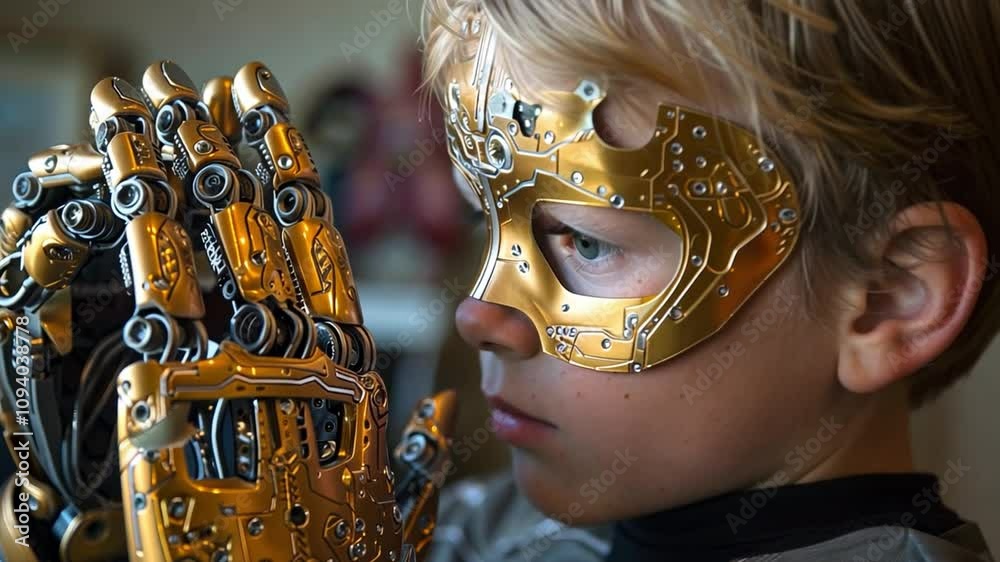A young boy explores his surroundings while wearing a unique gold ...